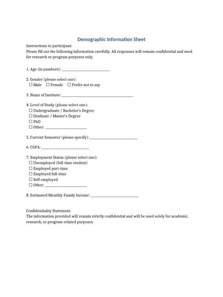 Demographic Information Sheet | PDF