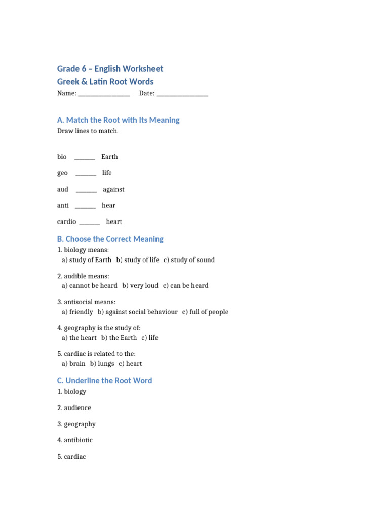 Grade 6 Greek and Latin Root Words Worksheet | PDF