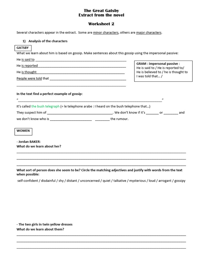 5 The Great Gatsby Worksheet 2 | PDF | The Great Gatsby