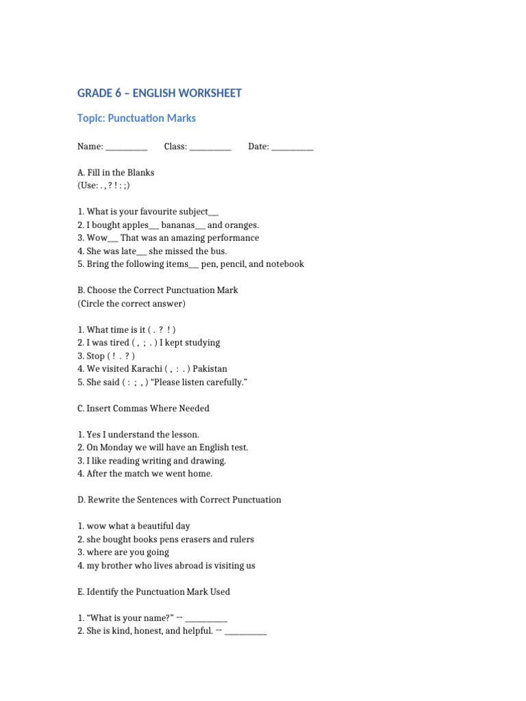 Grade 6 Punctuation Worksheet | PDF