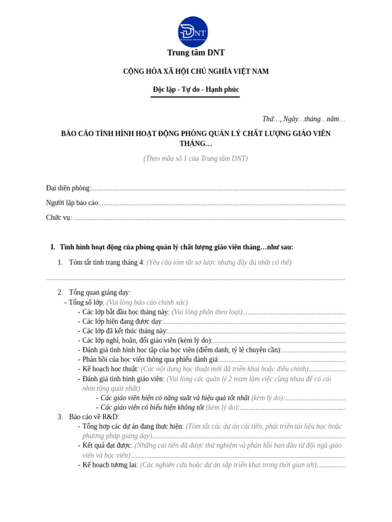 Form Báo Cáo Team Quản Lý Giáo Viên | PDF