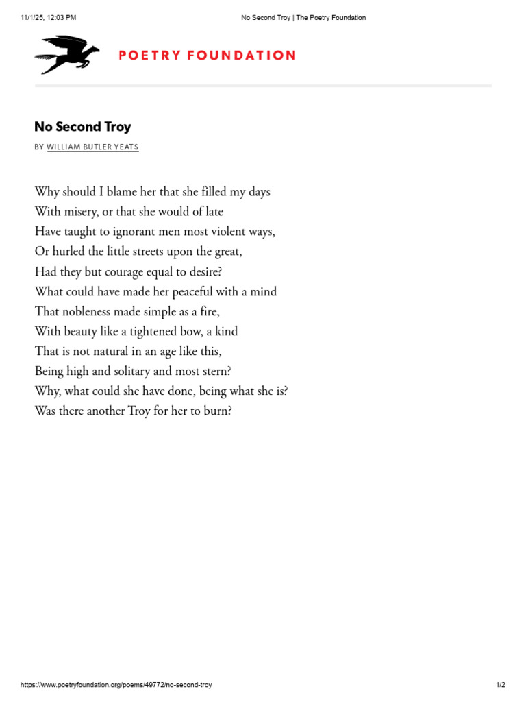 No Second Troy _ the Poetry Foundation | PDF