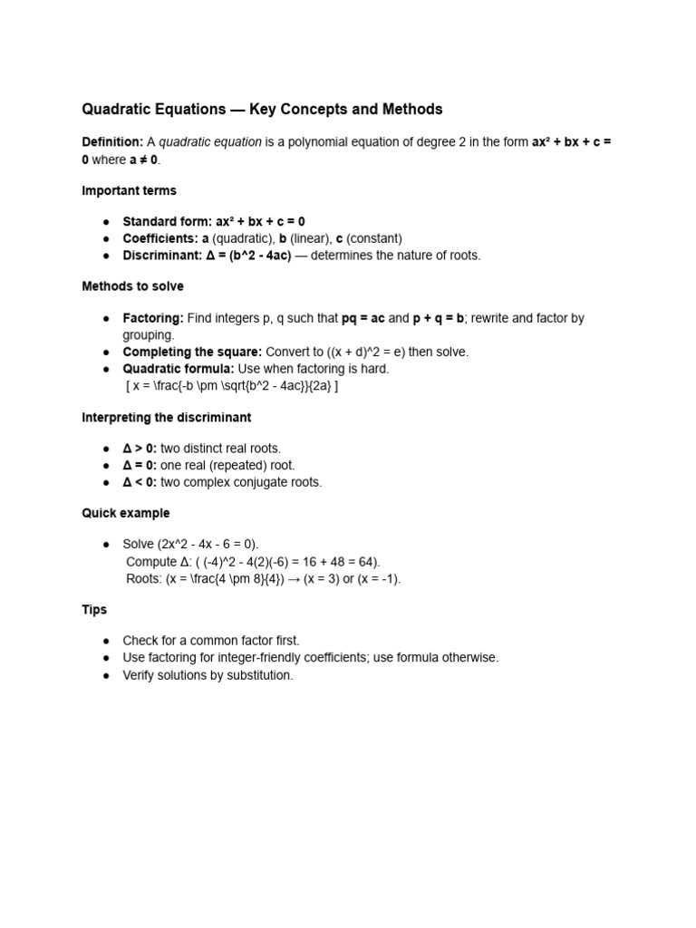 Quadratic Equations — Key Concepts and Methods | PDF