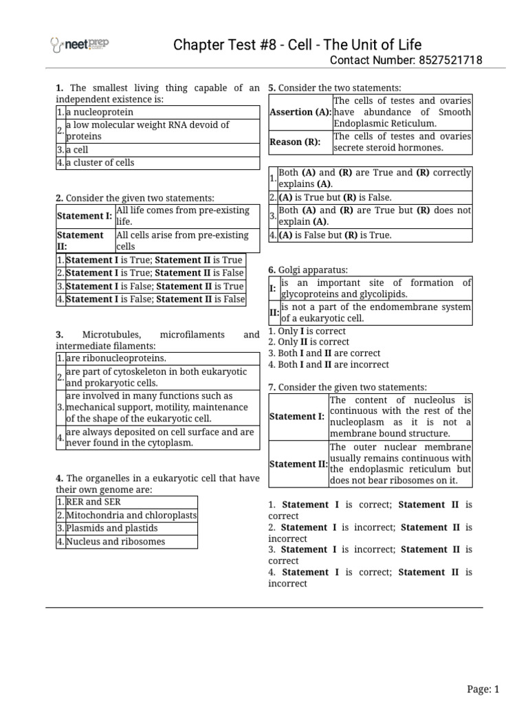 Chapter Test #8 - Cell - The Unit of Life | PDF | Cell (Biology ...