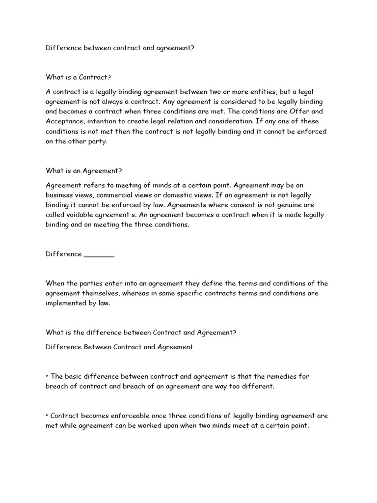 Difference Between Contract and Agreement | PDF