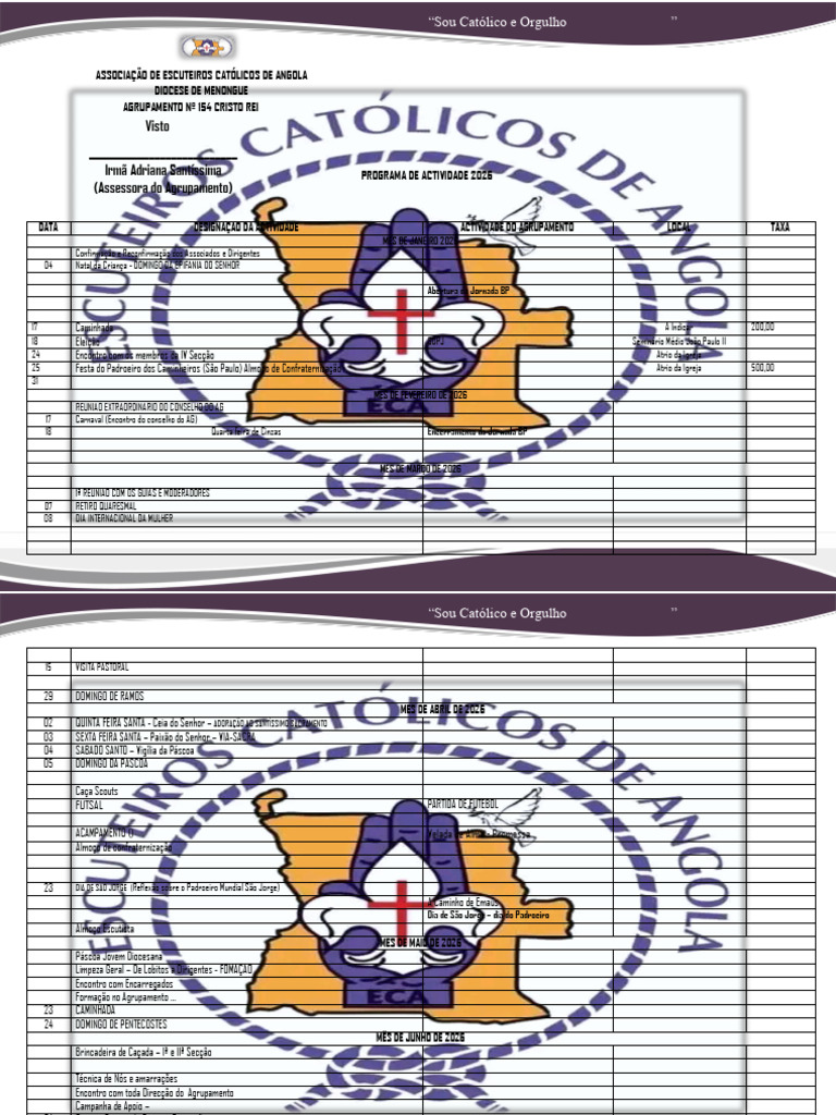 Programa de Actividade 2026 Ag 154 Cr | PDF | Páscoa | Natal