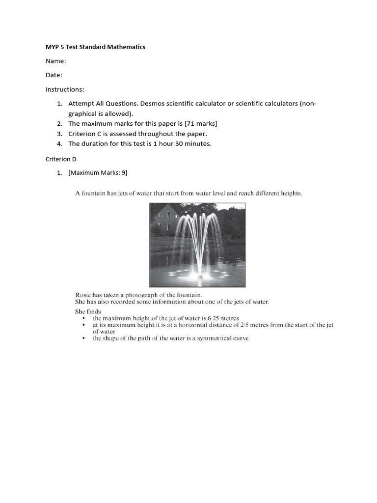 MYP 5 Test Standard Mathematics_Vectors_All Criterion | PDF