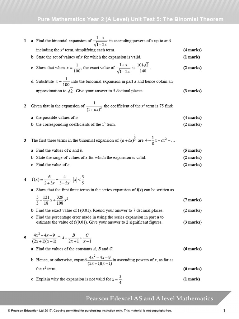 AL_Maths_Pure_Unit_5_Test_The binomial theorem | PDF | Mathematics ...