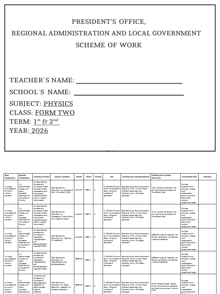 f2 Physics Scheme of Work Form Two-2026 | PDF | Educational Technology ...