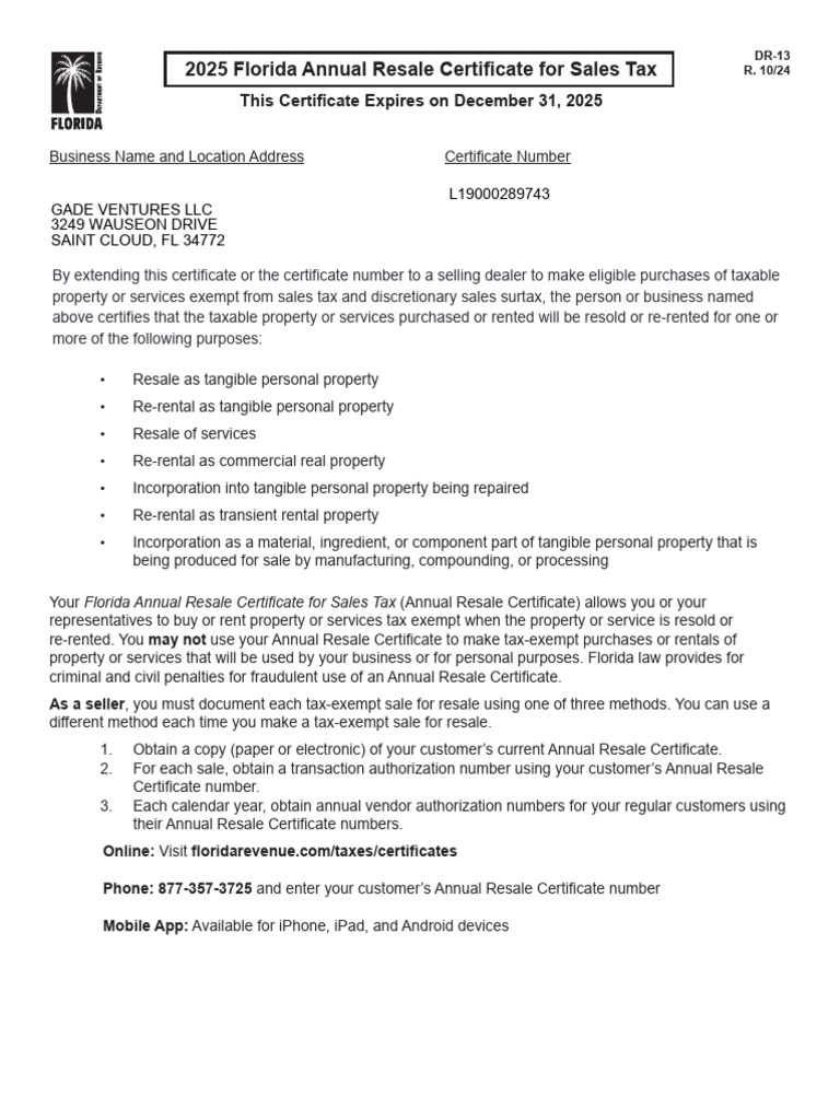 Ttt2025 DR 13 Annual Resale Certificate | PDF | Sales Taxes In The ...