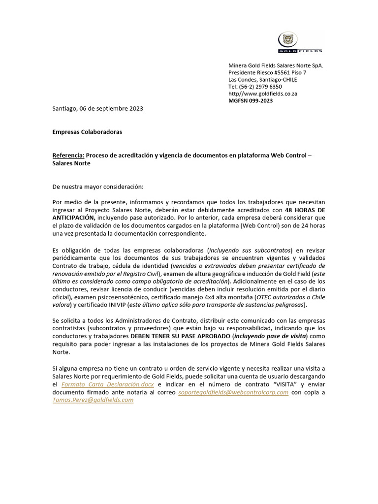 MGFSN 099-2023 Proceso de Acreditación y Vigencia de Documentos en Plataforma Web Control ...