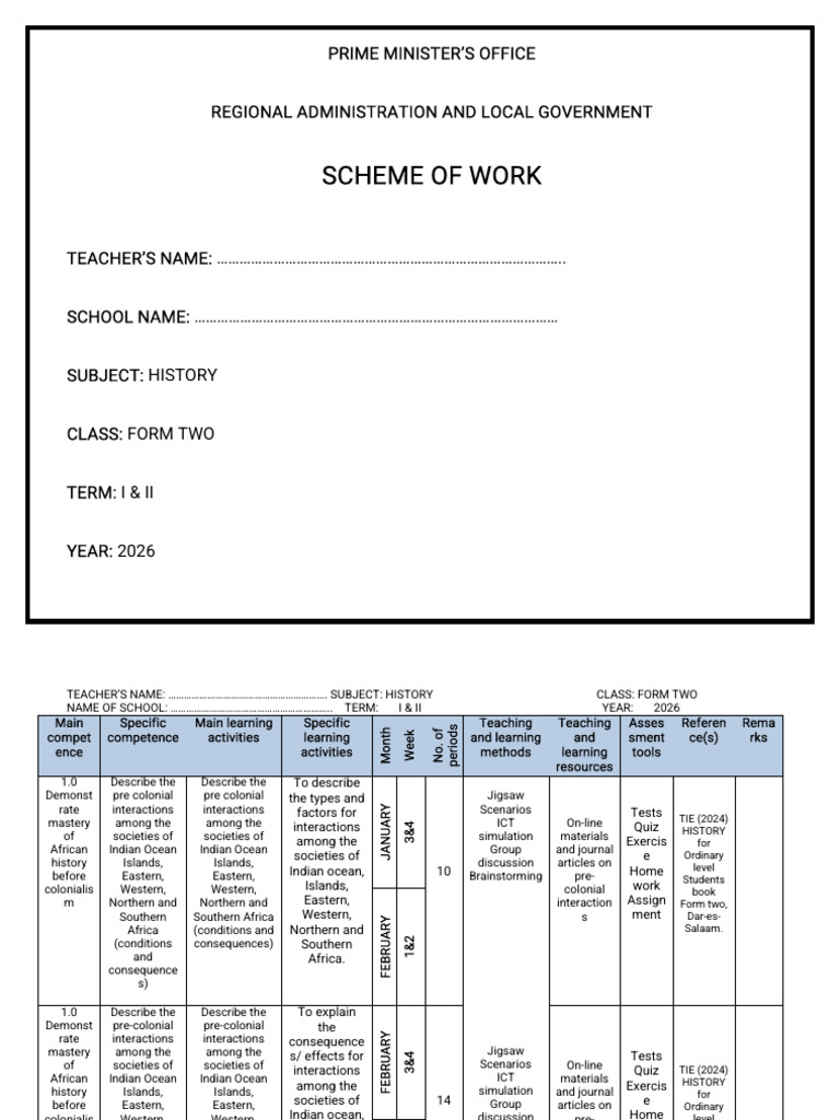 History f.ii Scheme of Work-2026 Sp | PDF