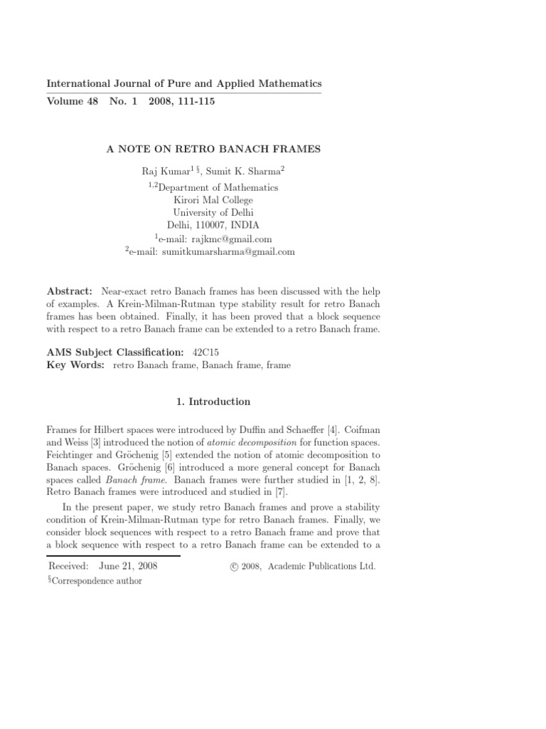 A Note on Retro Banach Frames | PDF | Banach Space | Teaching Mathematics