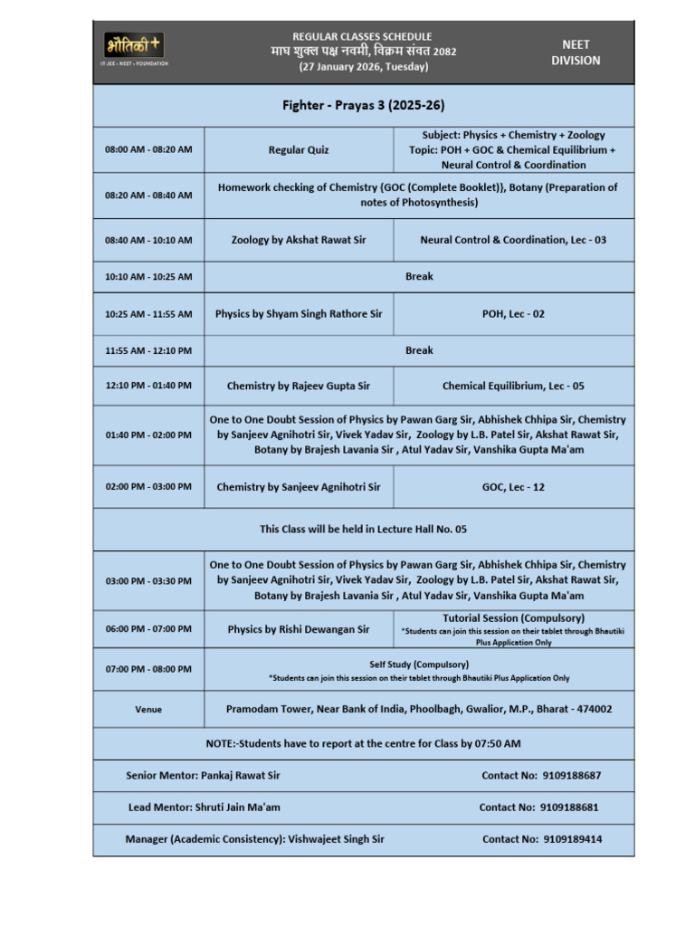 Regular Classes Schedule - Fighter Prayas 3 (27!01!2026) | PDF ...