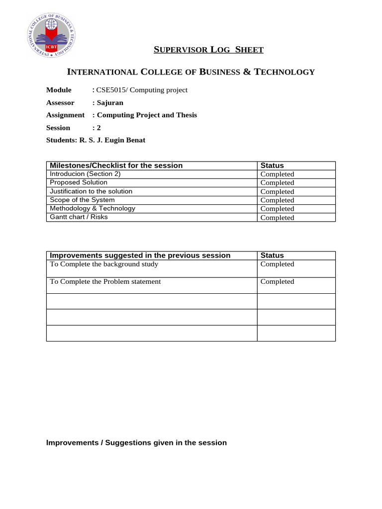 Supervisor Logsheet- Session 2 | PDF