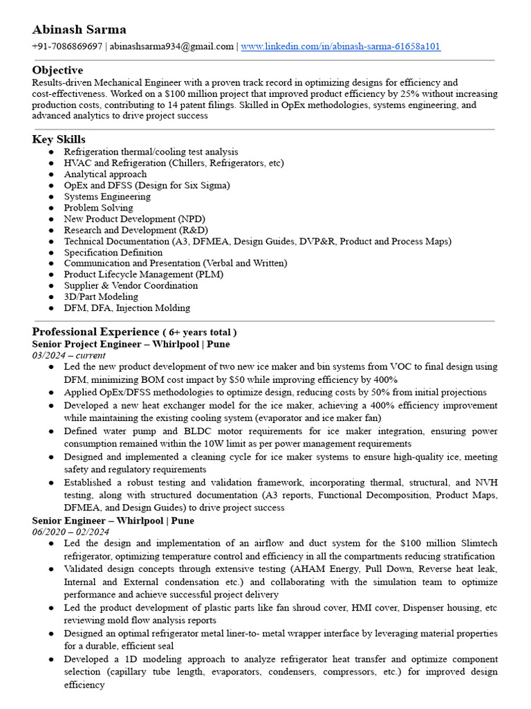 CV Abinash Sarma | PDF | Refrigerator | Design For Six Sigma