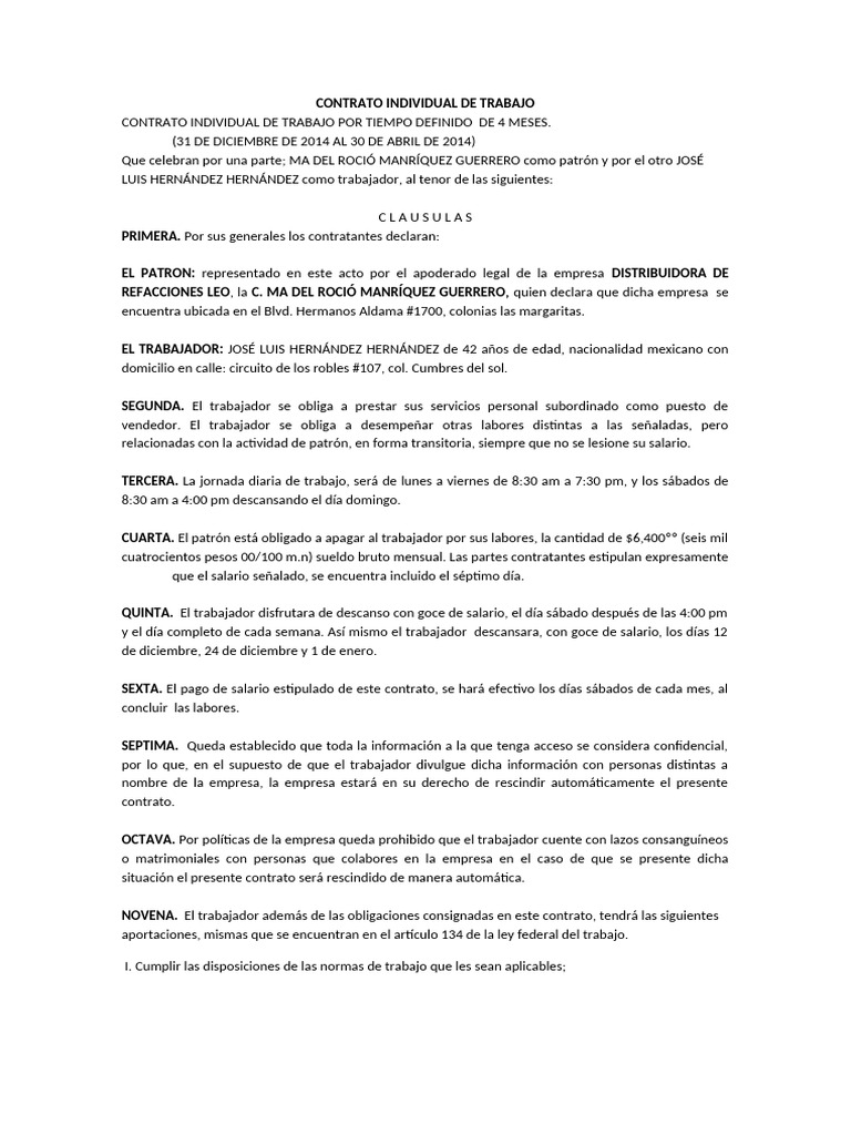 Contrato Individual de Trabajo | PDF
