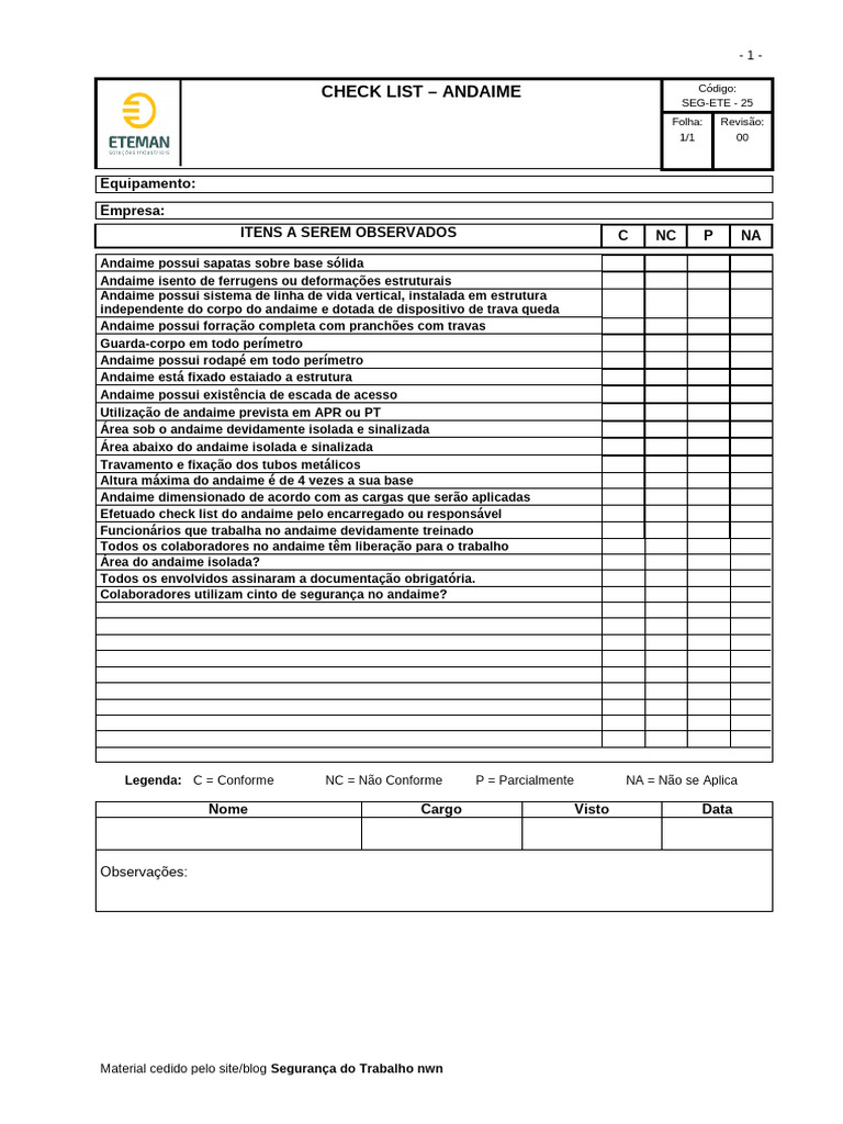 Check List Andaime | PDF