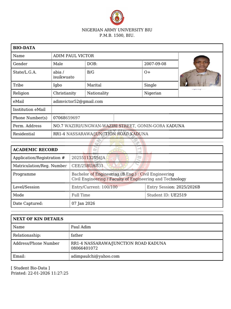 Adim Paul Victor Bio Data | PDF