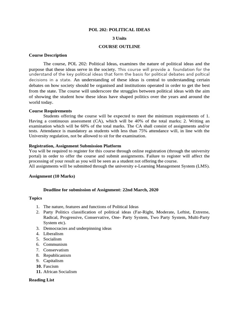 1595537048POL 202 Political Ideas Course Outline | PDF | Ideologies ...