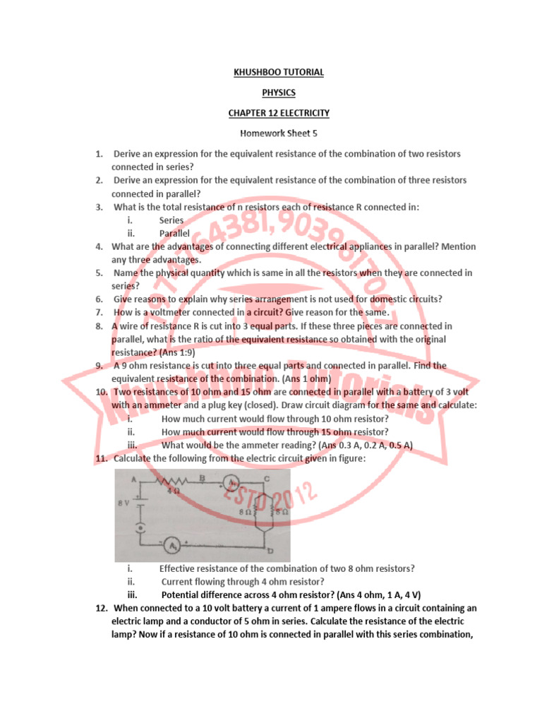 HW Sheet 5 Chp 11 KHUSHBOO TUTORIALS 10 | PDF | Series And Parallel Circuits | Resistor
