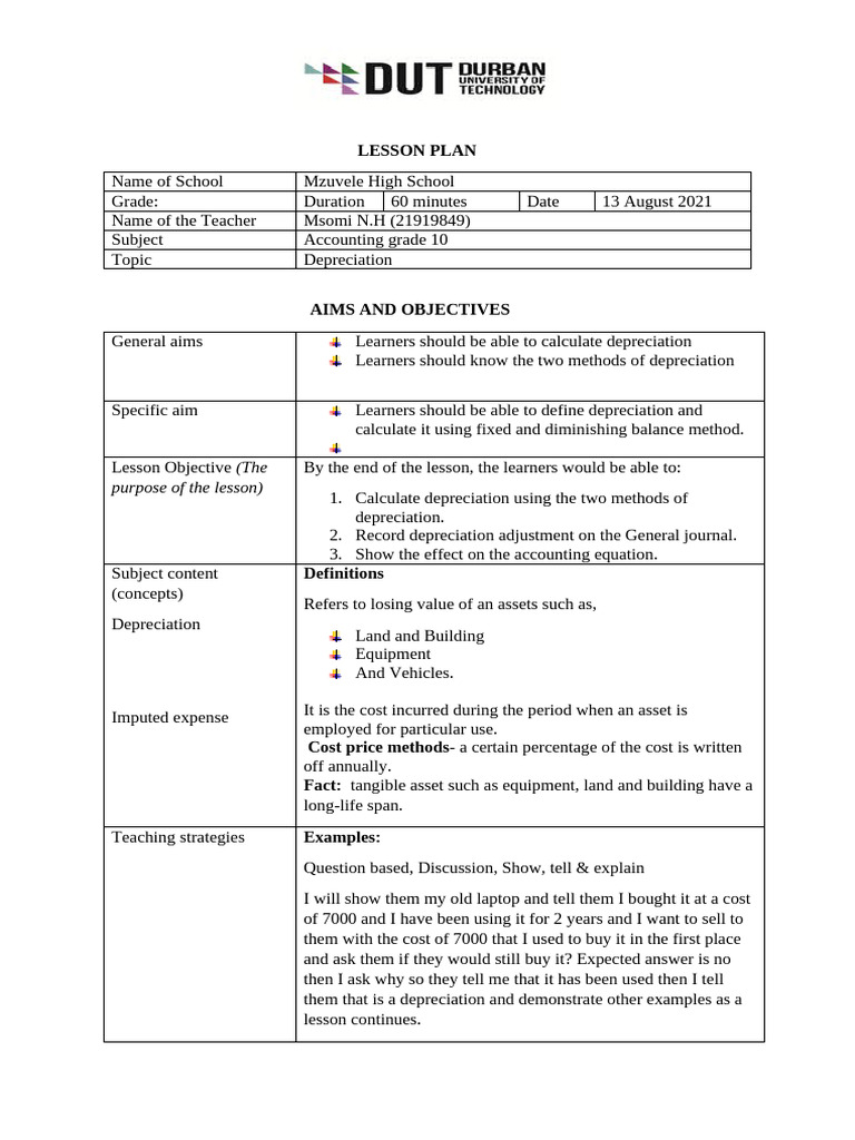 Accounting Lesson Depreciation | PDF | Depreciation | Book Value