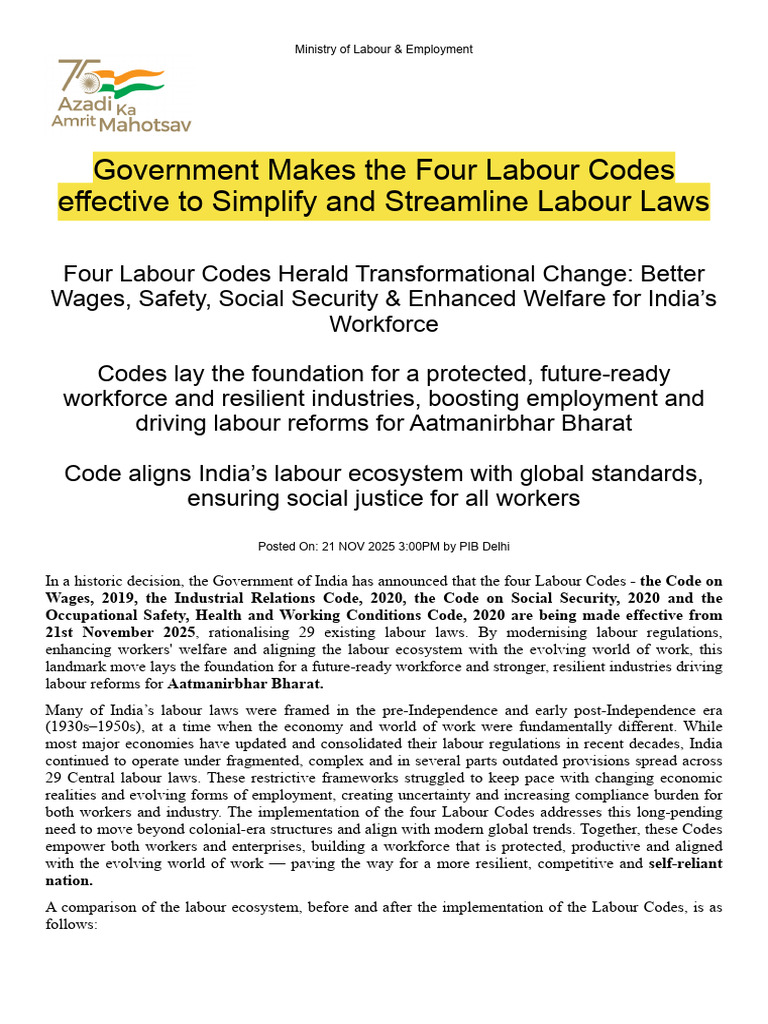 India New Labour Codes 1763761689 | PDF | Employment | Labour Law