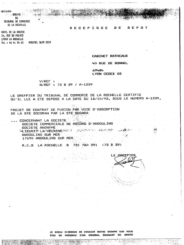 Soc Commerciale Du Record Angoulins - Actes Du 18-10-1993 | PDF