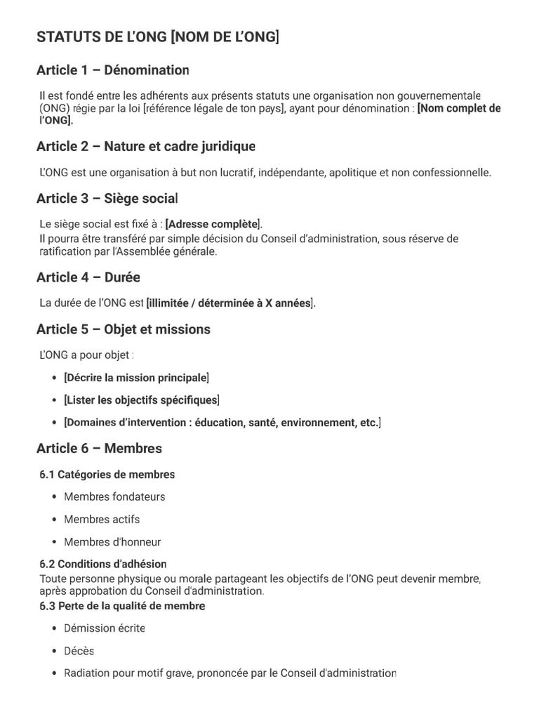 Modele Simple Statuts de ONG Pour Remplissage Et Complément | PDF