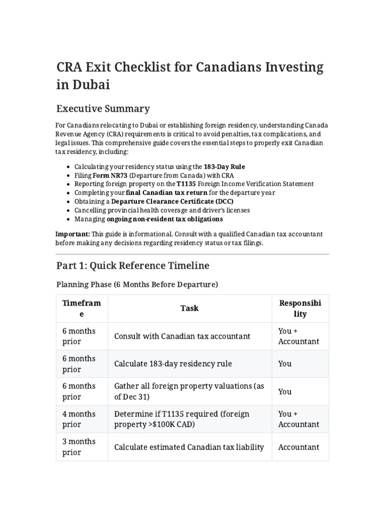 CRA Exit Checklist - Canadians | PDF | Capital Gains Tax | Capital Gain