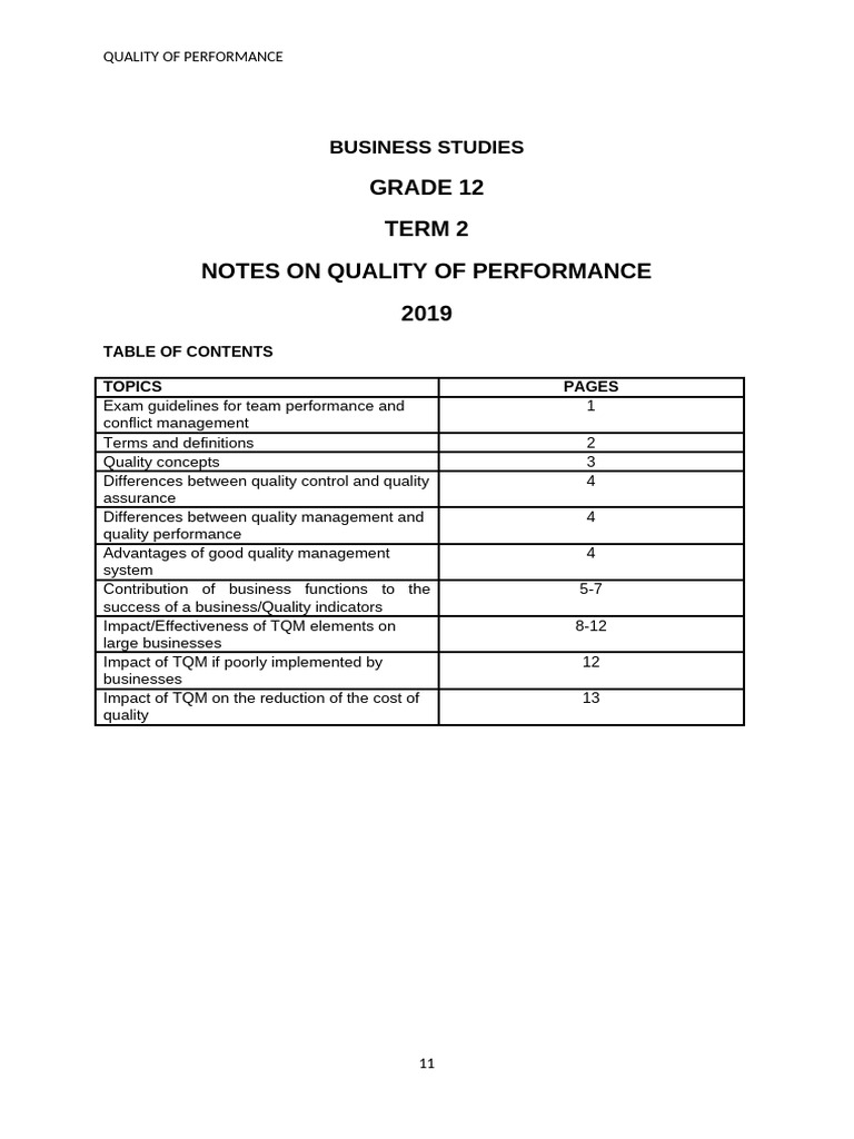 Business Studies Grade 12 Notes on Quality of Performance | PDF | Quality Management | Quality ...