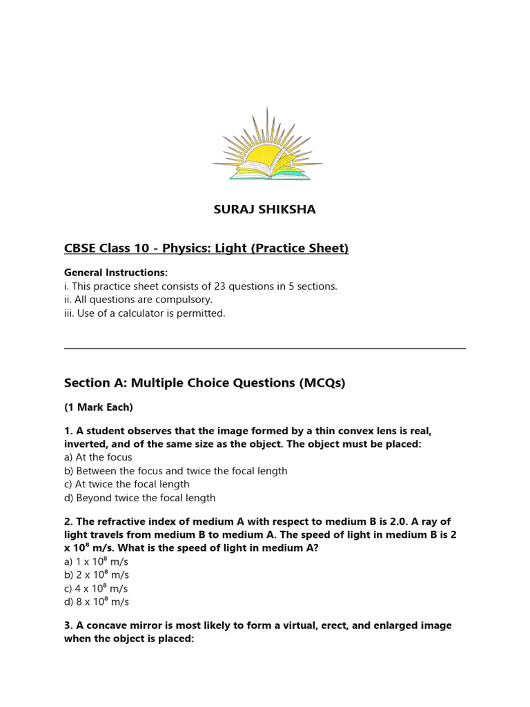 Light Practice Sheet | PDF | Light | Applied And Interdisciplinary Physics