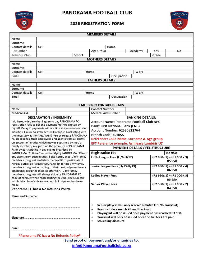 Panorama FC 2026 Registration Form | PDF