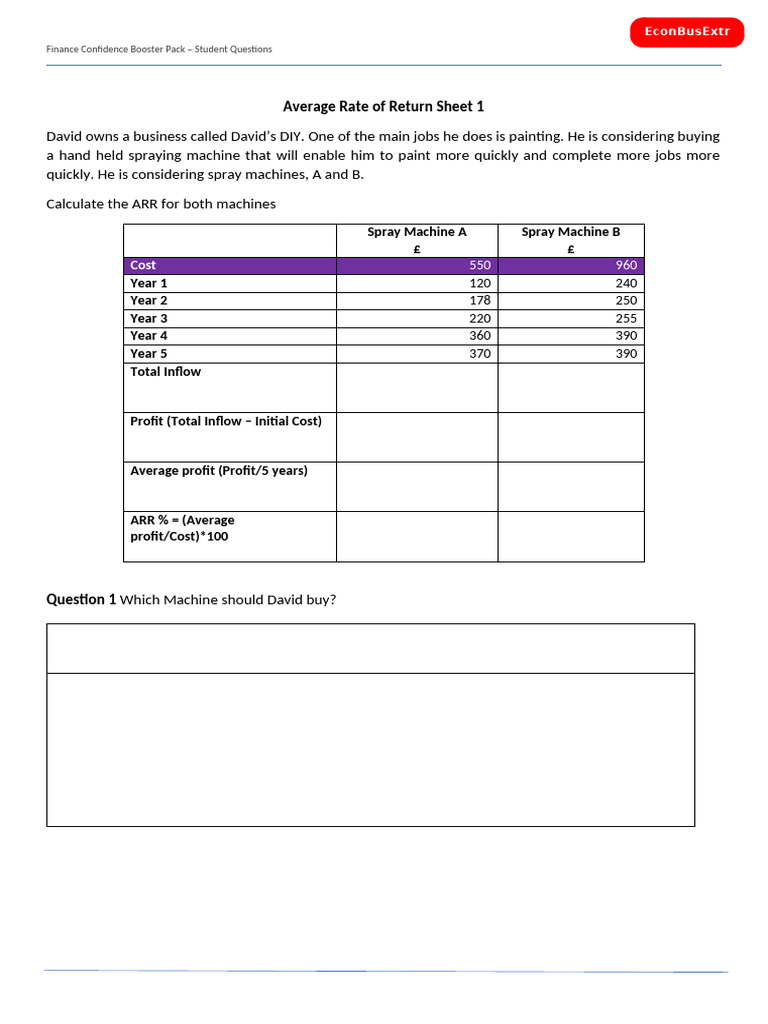Average Rate of Return Worksheet With Answers | PDF