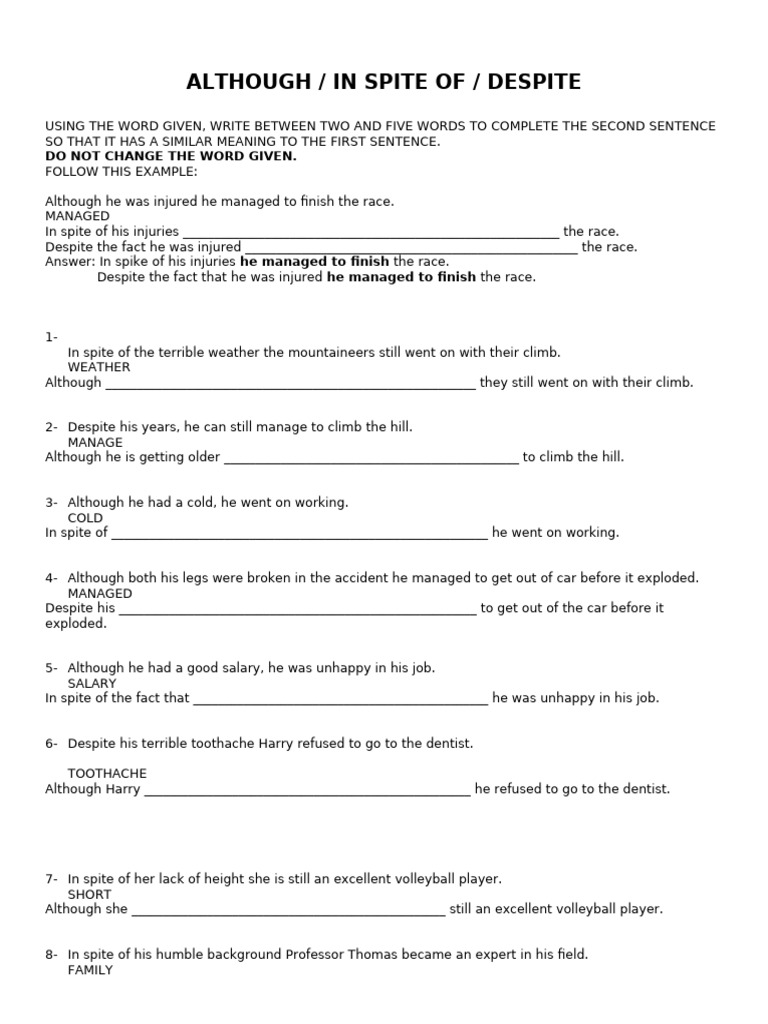 Although in Spite of Despite Fun Activities Games Grammar Drills 69053 ...