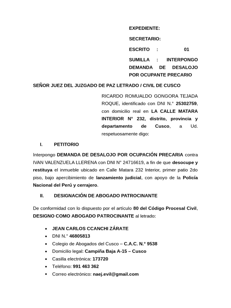 desalojo ocupante precario | PDF | Demanda judicial | Justicia