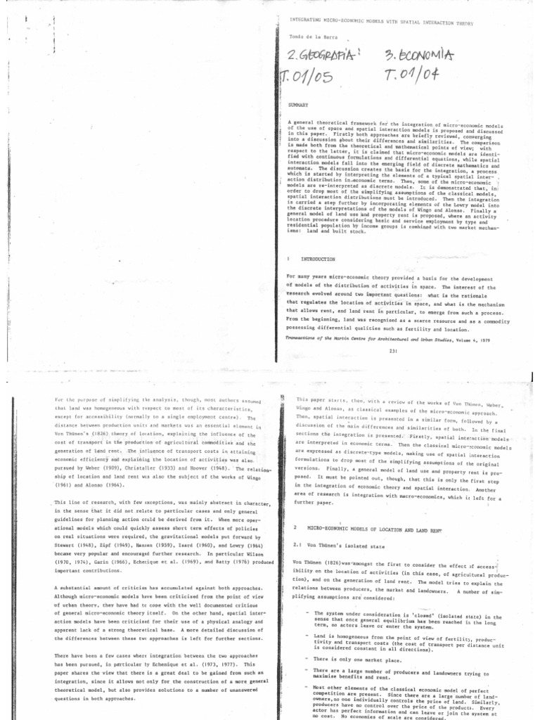 Barra T (1979) Integrating Micro-economic Models With Spatial ...