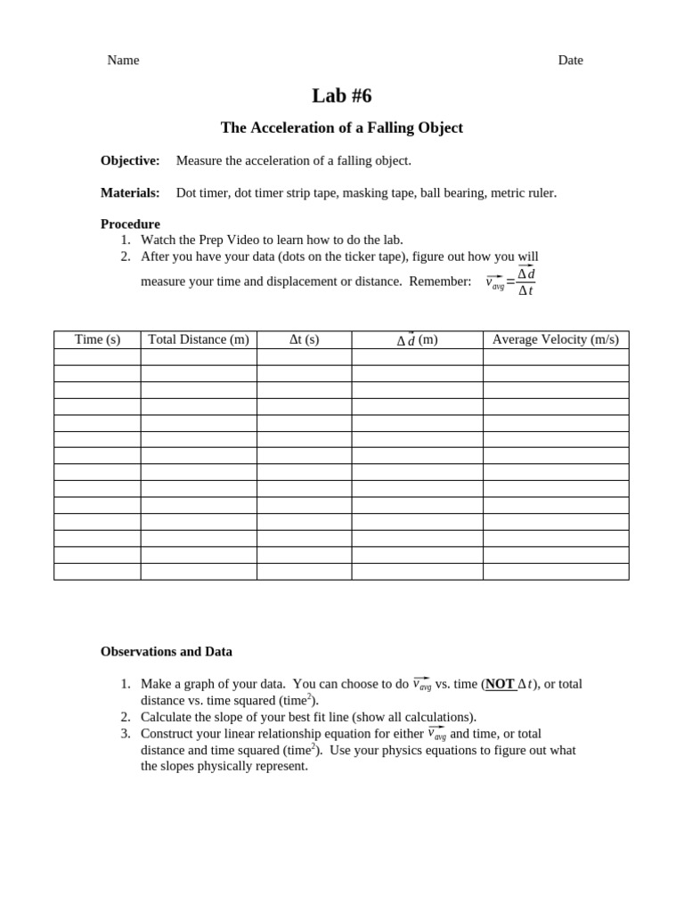 Lab 6 - Free Fall (14-15) | PDF | Velocity | Acceleration