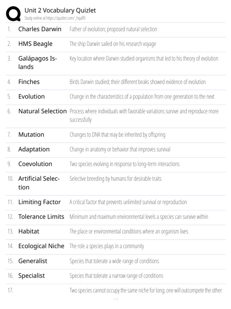 Unit 2 Vocabulary List | PDF | Evolution | Natural Selection