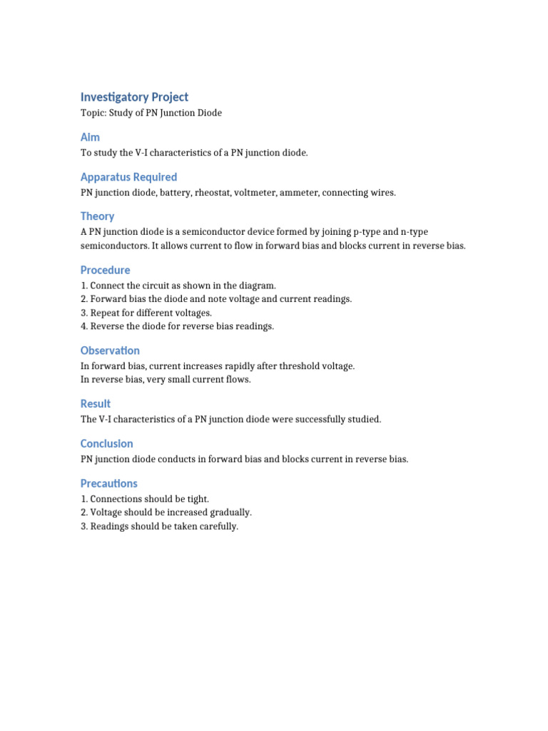 Class 12 PN Diode Investigatory Project | PDF
