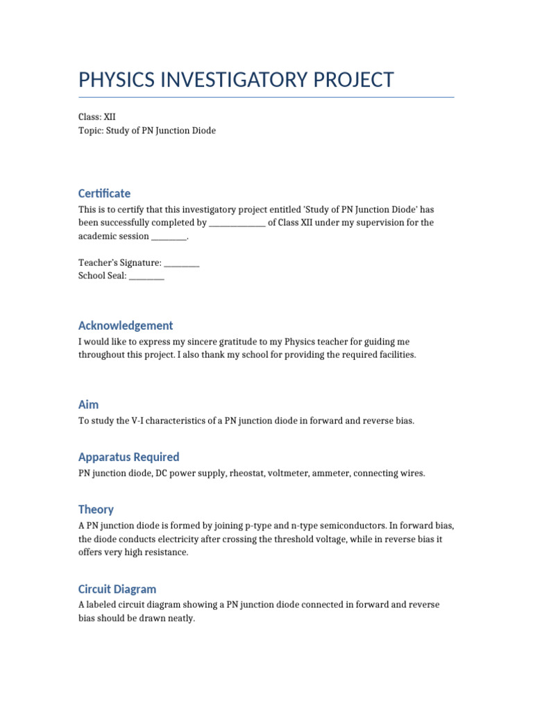 Class 12 PN Diode Investigatory Project FINAL (1) | PDF