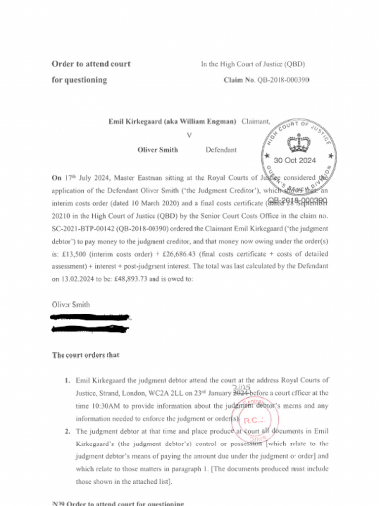 Emil Kirkegaard to attend court as a debtor for questioning | PDF