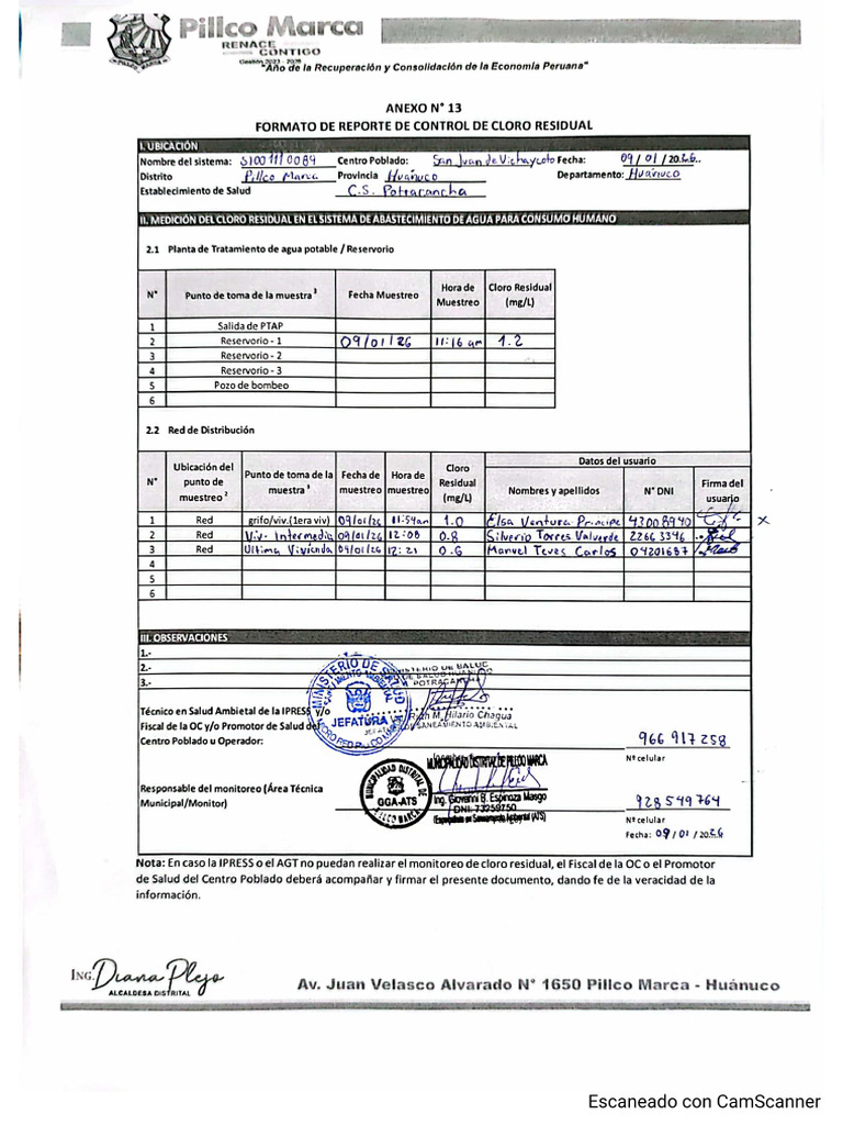 Formato de Reporte de Control de Cloro Cp. San Juan de Vichaycoto | PDF