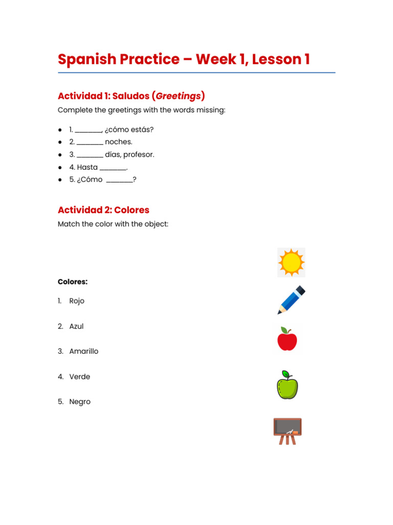 Spanish Practice Week1 Lesson1 | PDF