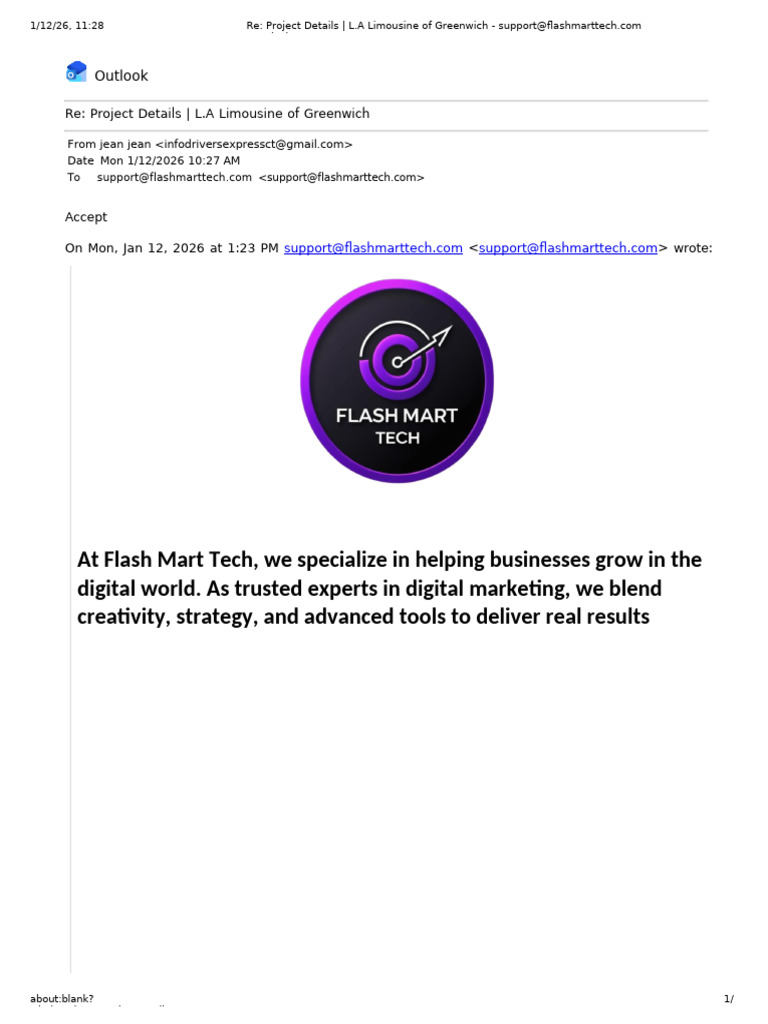 Re_ Project Details _ L.A Limousine of Greenwich - supportflashmarttech.com - Outlook (1) | PDF
