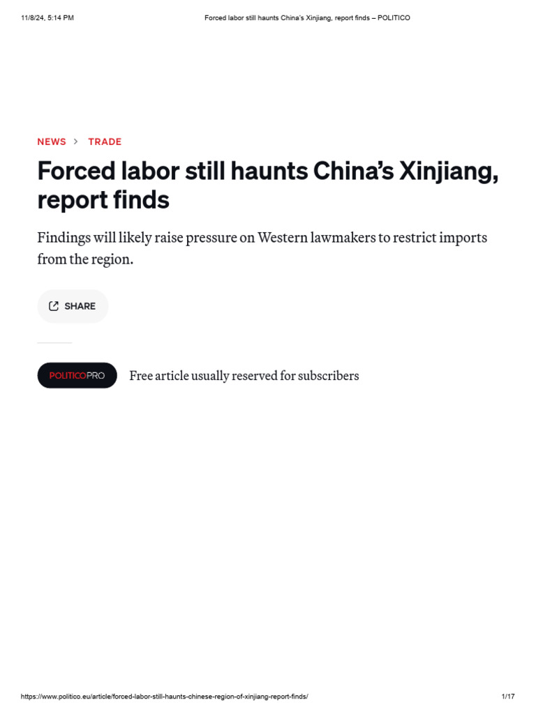 Forced Labor Still Haunts China’s Xinjiang, Report Finds – POLITICO | PDF