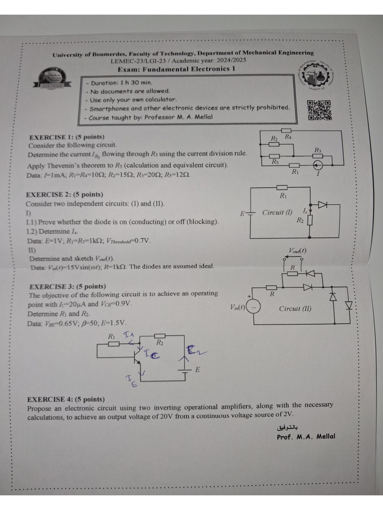 Exam et corrigé Électronique fond 1 (24-25) LEMEC LGI (L2) | PDF ...
