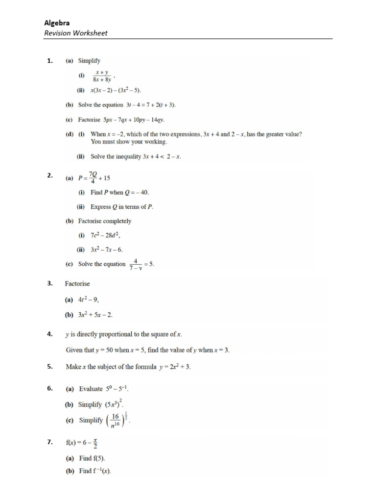 Algebra WS-4 (Revision QP Problems) | PDF