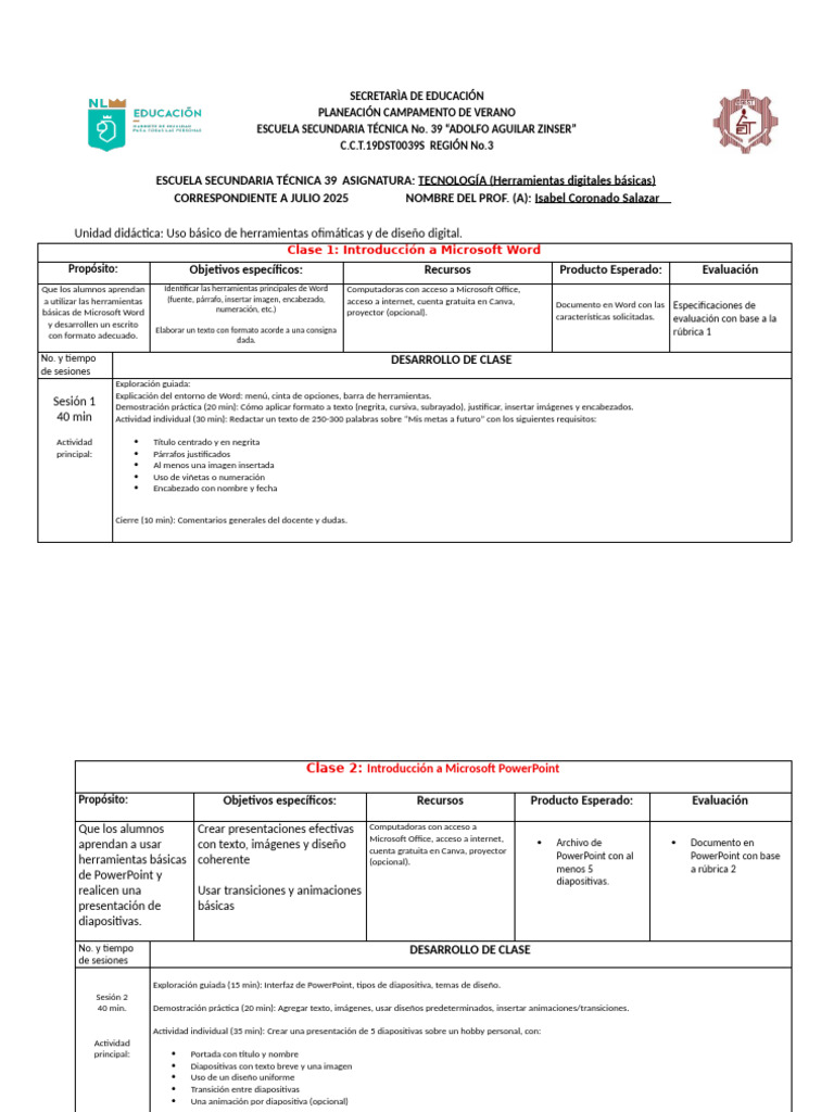 planeacion curso de verano | PDF | Microsoft Excel | Microsoft PowerPoint