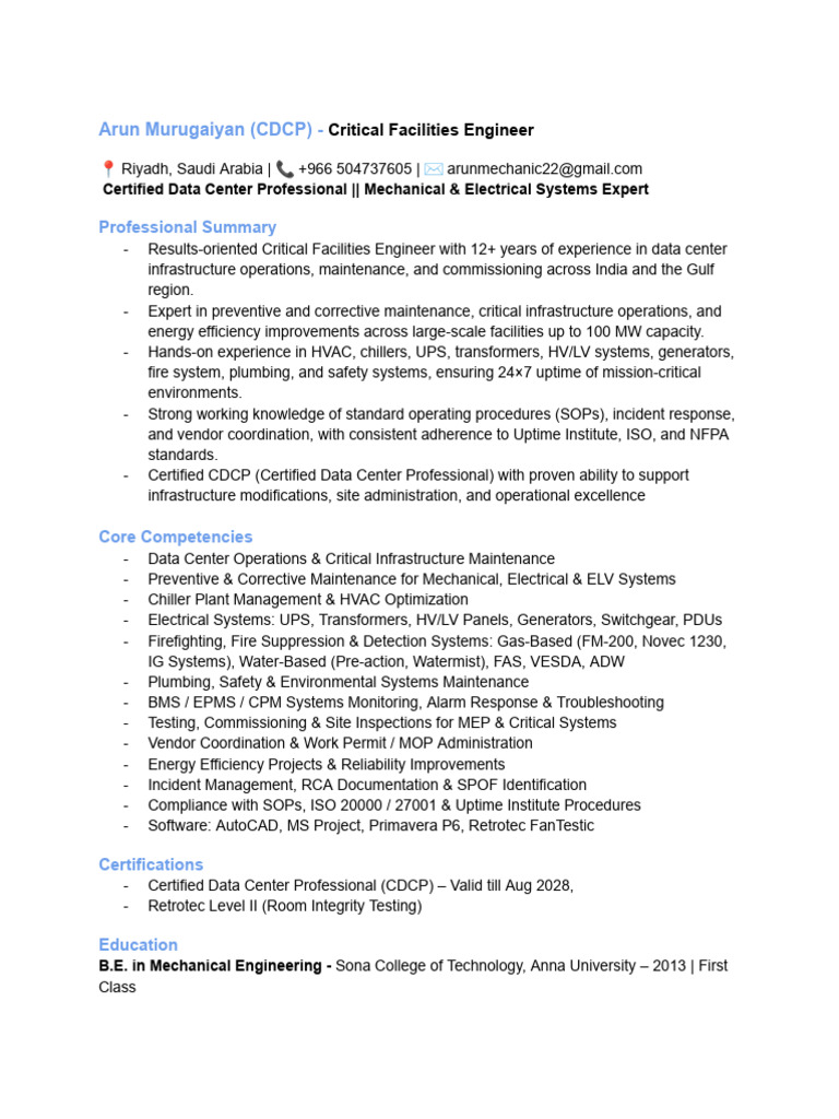 Arun Murugaiyan (CDCP) - Critical Facilities Engineer | PDF | Data Center